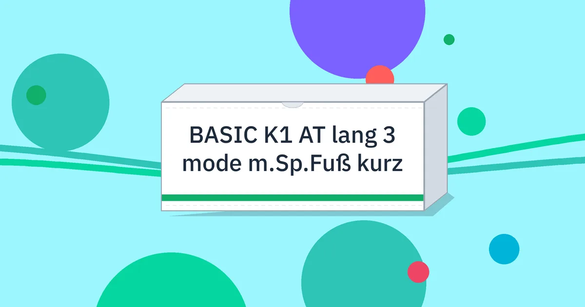Symbolbild: Packung mit der Aufschrift BASIC K1 AT lang 3 mode m.Sp.Fuß kurz (PZN 20262676) – Verfügbarkeit und Bezug in Apotheken in Frankfurt am Main