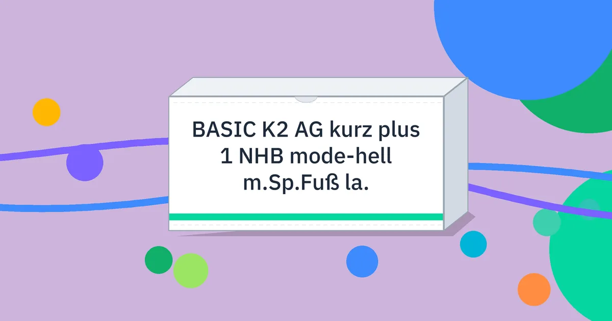 Symbolbild: Packung mit der Aufschrift BASIC K2 AG kurz plus 1 NHB mode-hell m.Sp.Fuß la. (PZN 20266303) – Verfügbarkeit und Bezug in Apotheken in Frankfurt am Main