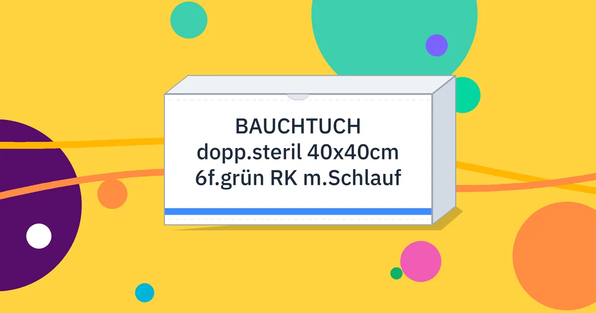 Symbolbild: Packung mit der Aufschrift BAUCHTUCH dopp.steril 40x40cm 6f.grün RK m.Schlauf (PZN 13166268) – Verfügbarkeit und Bezug in Apotheken in Frankfurt am Main