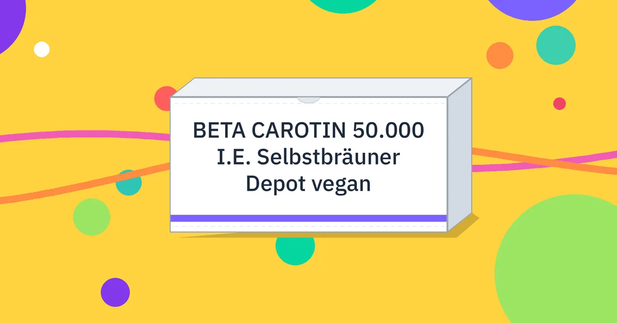Symbolbild: Packung mit der Aufschrift BETA CAROTIN 50.000 I.E. Selbstbräuner Depot vegan (PZN 18236312) – Verfügbarkeit und Bezug in Apotheken in Frankfurt am Main