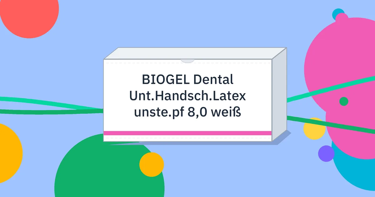 Symbolbild: Packung mit der Aufschrift BIOGEL Dental Unt.Handsch.Latex unste.pf 8,0 weiß (PZN 19496334) – Verfügbarkeit und Bezug in Apotheken in Frankfurt am Main