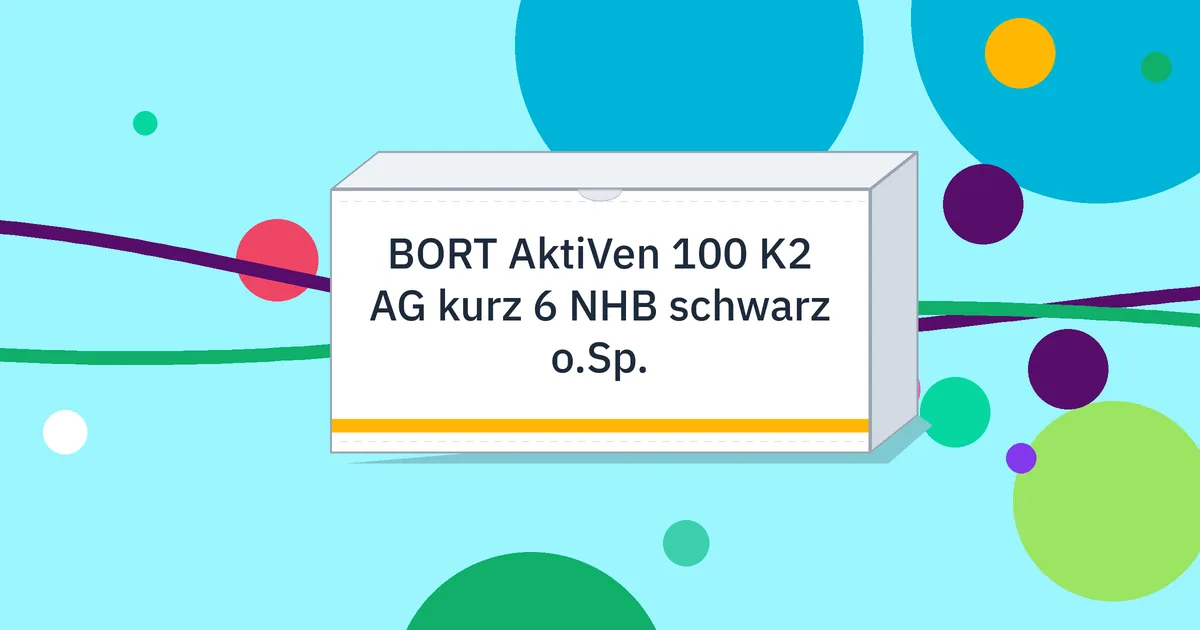 Symbolbild: Packung mit der Aufschrift BORT AktiVen 100 K2 AG kurz 6 NHB schwarz o.Sp. (PZN 14387439) – Verfügbarkeit und Bezug in Apotheken in Frankfurt am Main