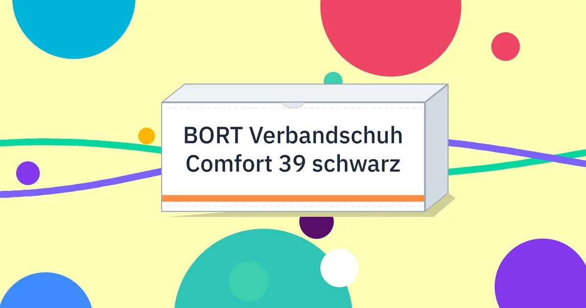 Symbolbild: Packung mit der Aufschrift BORT Verbandschuh Comfort 39 schwarz (PZN 02730323) – Verfügbarkeit und Bezug in Apotheken in Frankfurt am Main