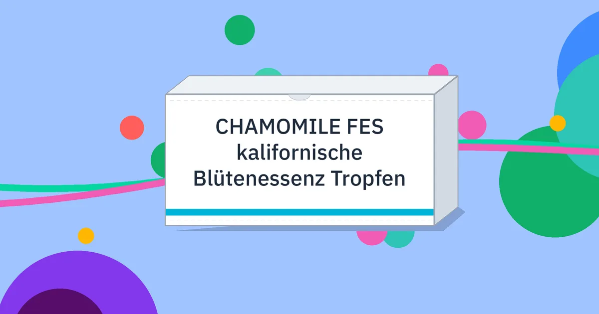 Symbolbild: Packung mit der Aufschrift CHAMOMILE FES kalifornische Blütenessenz Tropfen (PZN 09173222) – Verfügbarkeit und Bezug in Apotheken in Frankfurt am Main