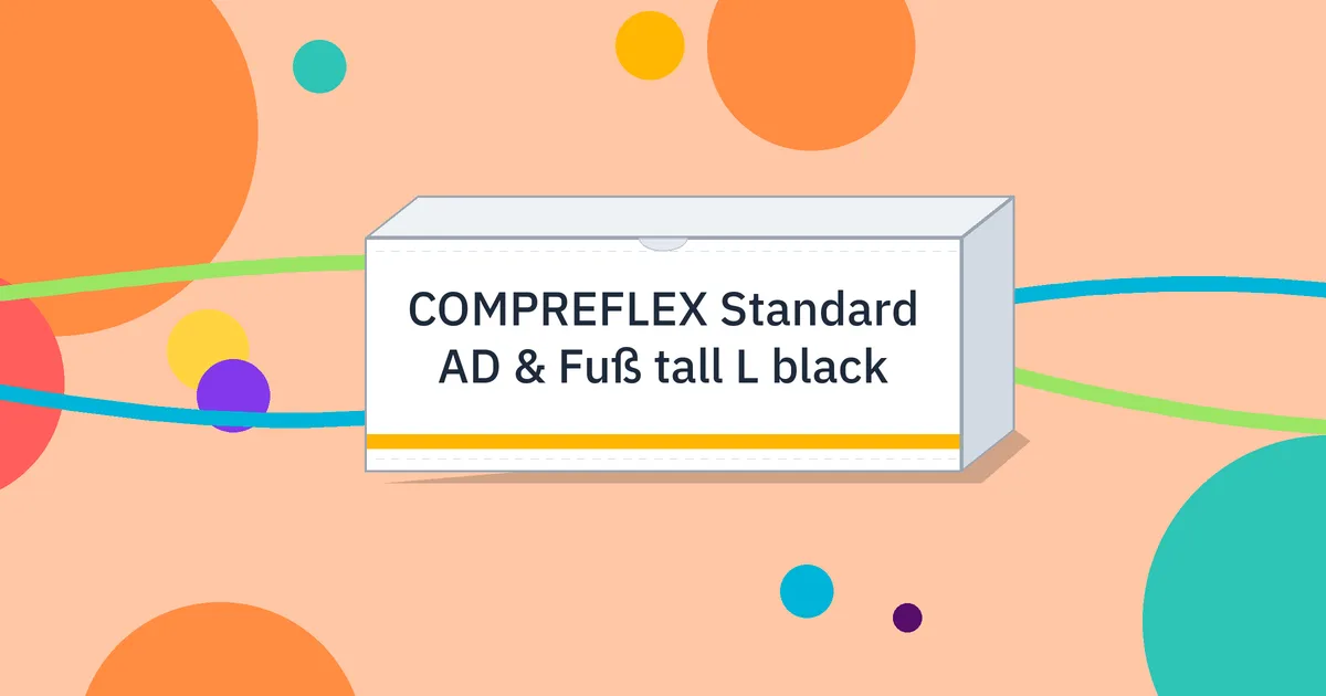 Symbolbild: Packung mit der Aufschrift COMPREFLEX Standard AD & Fuß tall L black (PZN 19534307) – Verfügbarkeit und Bezug in Apotheken in Frankfurt am Main