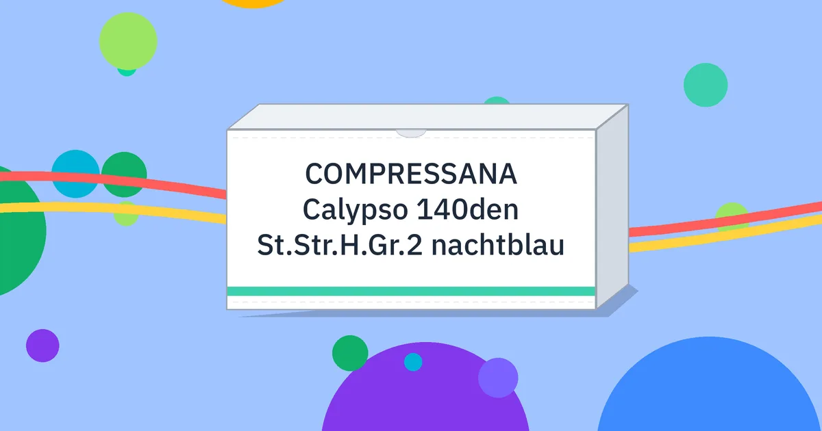 Symbolbild: Packung mit der Aufschrift COMPRESSANA Calypso 140den St.Str.H.Gr.2 nachtblau (PZN 11217820) – Verfügbarkeit und Bezug in Apotheken in Frankfurt am Main
