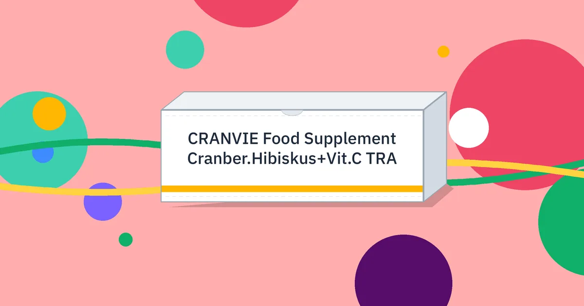 Symbolbild: Packung mit der Aufschrift CRANVIE Food Supplement Cranber.Hibiskus+Vit.C TRA (PZN 20228107) – Verfügbarkeit und Bezug in Apotheken in Frankfurt am Main