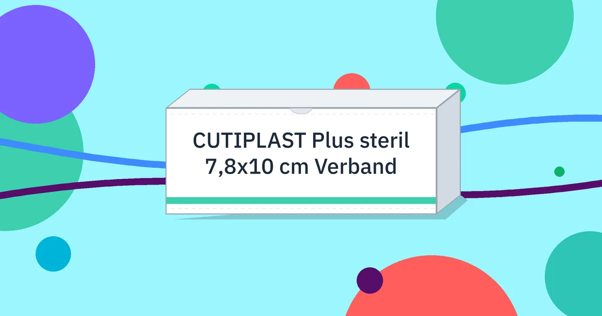 Symbolbild: Packung mit der Aufschrift CUTIPLAST Plus steril 7,8x10 cm Verband (PZN 20545061) – Verfügbarkeit und Bezug in Apotheken in Frankfurt am Main