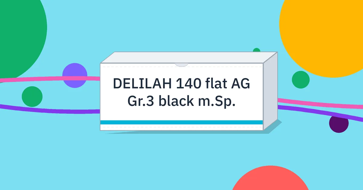 Symbolbild: Packung mit der Aufschrift DELILAH 140 flat AG Gr.3 black m.Sp. (PZN 14247336) – Verfügbarkeit und Bezug in Apotheken in Frankfurt am Main