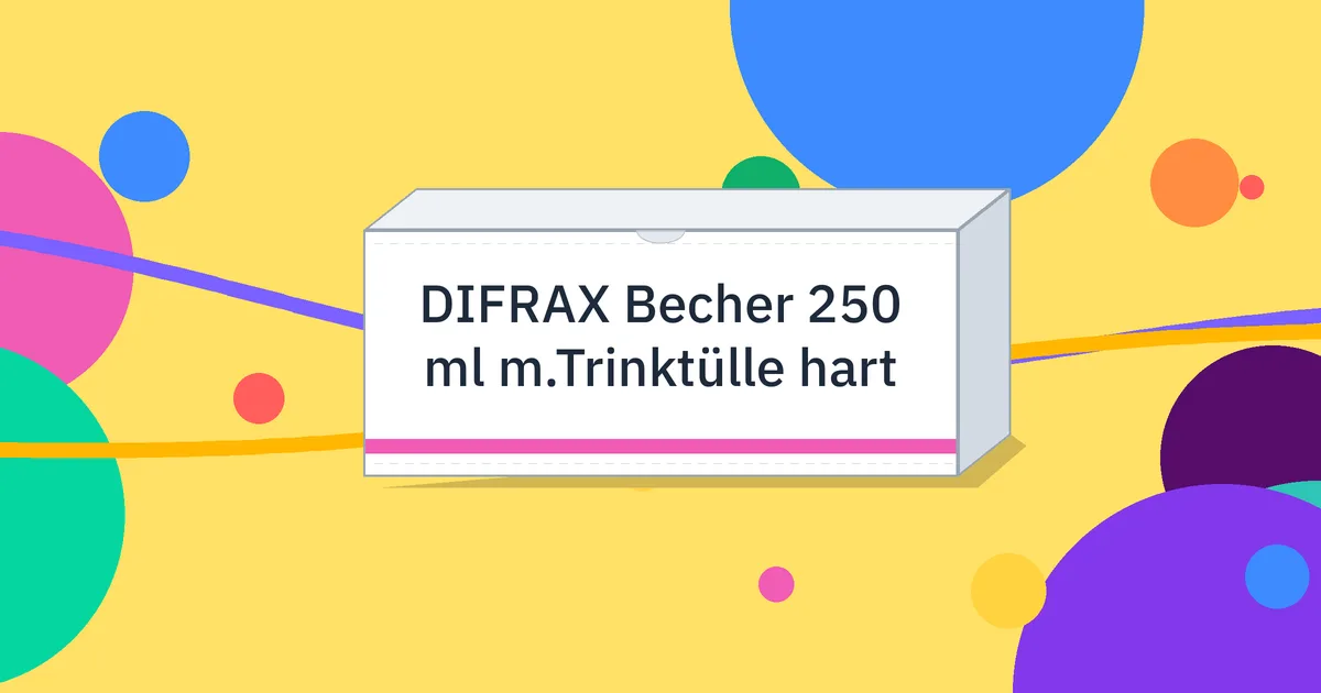 Symbolbild: Packung mit der Aufschrift DIFRAX Becher 250 ml m.Trinktülle hart (PZN 12518512) – Verfügbarkeit und Bezug in Apotheken in Frankfurt am Main