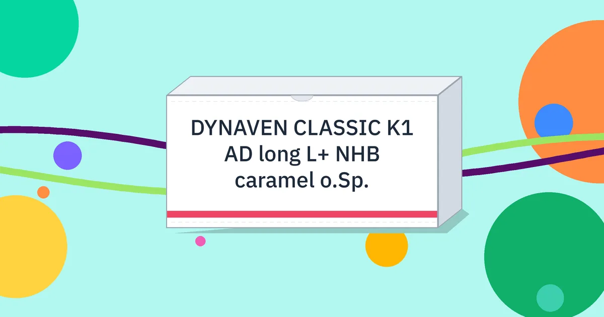 Symbolbild: Packung mit der Aufschrift DYNAVEN CLASSIC K1 AD long L+ NHB caramel o.Sp. (PZN 18414713) – Verfügbarkeit und Bezug in Apotheken in Frankfurt am Main