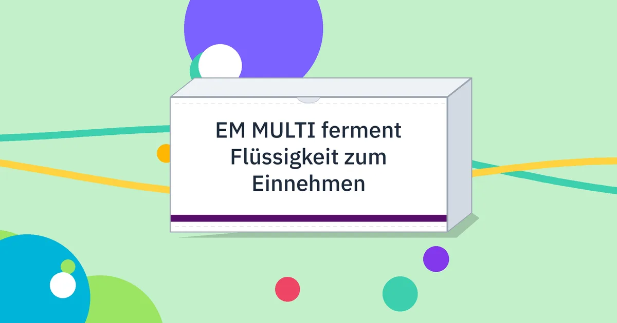 Symbolbild: Packung mit der Aufschrift EM MULTI ferment Flüssigkeit zum Einnehmen (PZN 19143512) – Verfügbarkeit und Bezug in Apotheken in Frankfurt am Main