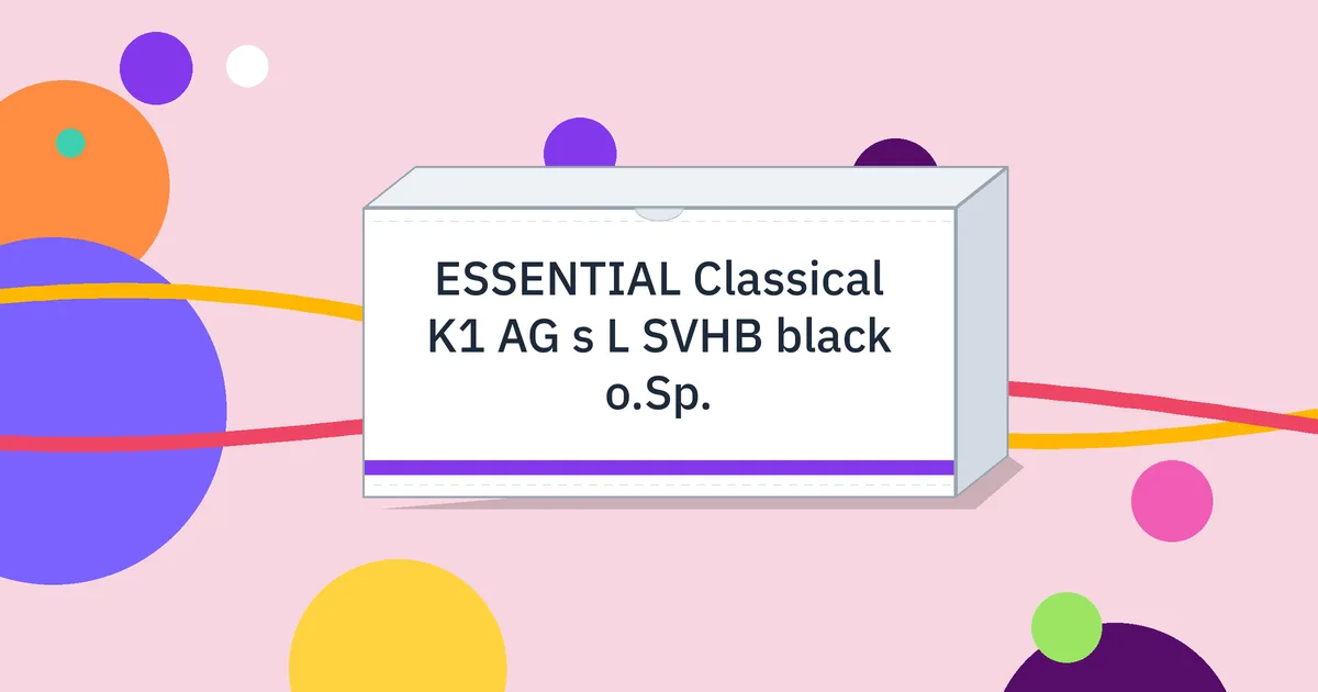 Symbolbild: Packung mit der Aufschrift ESSENTIAL Classical K1 AG s L SVHB black o.Sp. (PZN 18420530) – Verfügbarkeit und Bezug in Apotheken in Frankfurt am Main