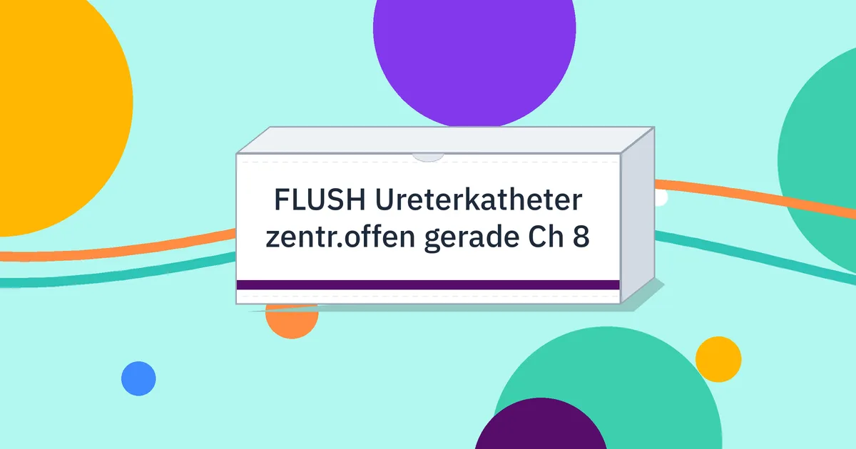 Symbolbild: Packung mit der Aufschrift FLUSH Ureterkatheter zentr.offen gerade Ch 8 (PZN 17998646) – Verfügbarkeit und Bezug in Apotheken in Frankfurt am Main