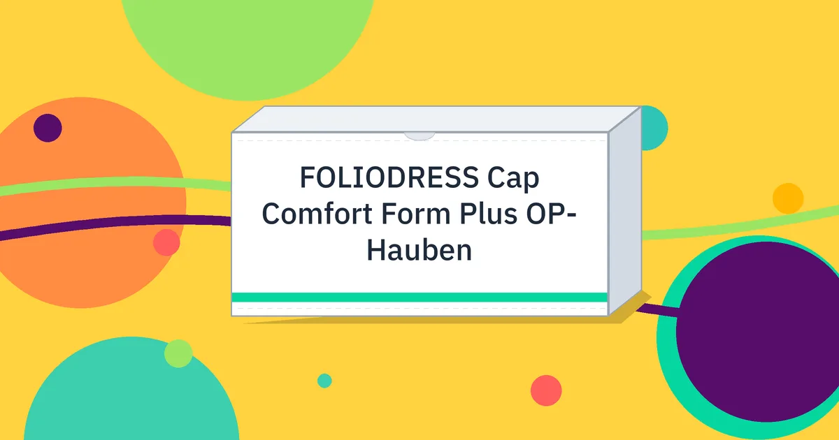 Symbolbild: Packung mit der Aufschrift FOLIODRESS Cap Comfort Form Plus OP-Hauben (PZN 00841900) – Verfügbarkeit und Bezug in Apotheken in Frankfurt am Main
