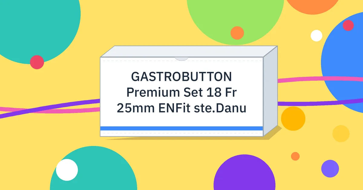 Symbolbild: Packung mit der Aufschrift GASTROBUTTON Premium Set 18 Fr 25mm ENFit ste.Danu (PZN 16883817) – Verfügbarkeit und Bezug in Apotheken in Frankfurt am Main