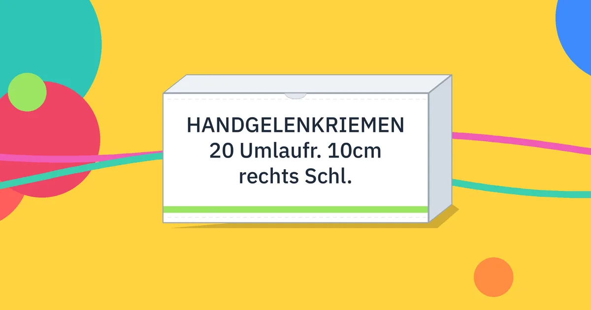 Symbolbild: Packung mit der Aufschrift HANDGELENKRIEMEN 20 Umlaufr. 10cm rechts Schl. (PZN 01962994) – Verfügbarkeit und Bezug in Apotheken in Frankfurt am Main