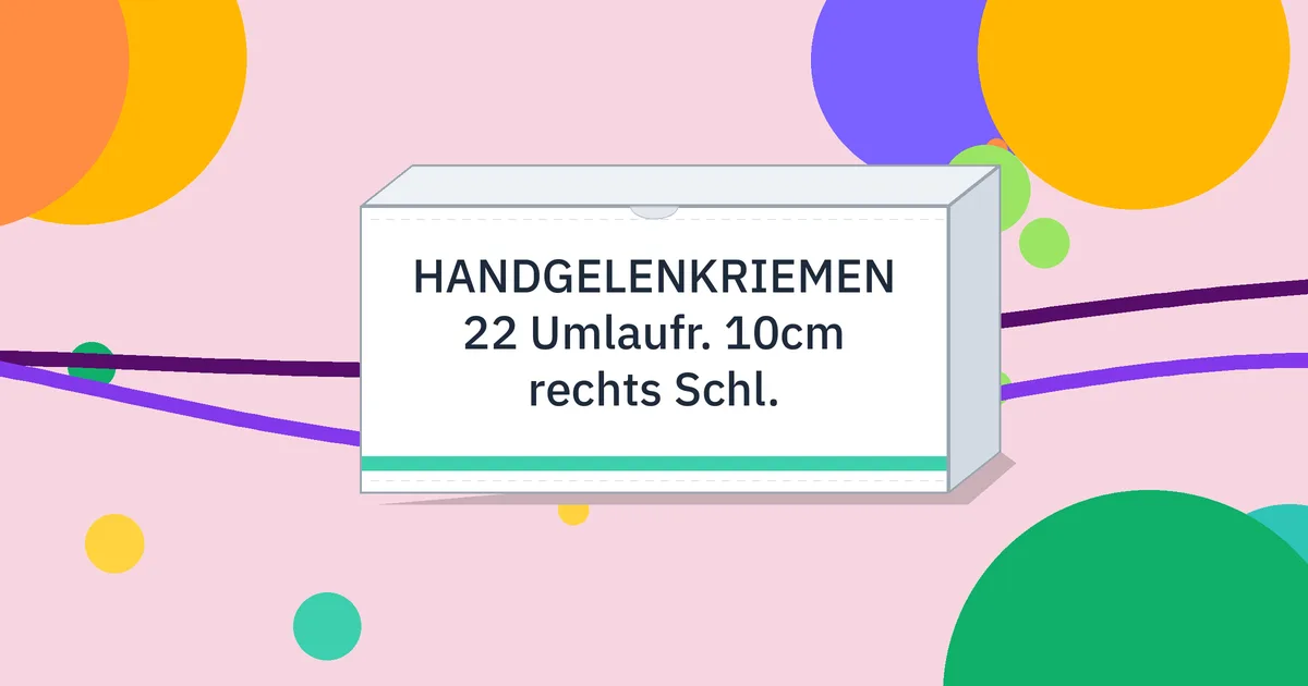 Symbolbild: Packung mit der Aufschrift HANDGELENKRIEMEN 22 Umlaufr. 10cm rechts Schl. (PZN 01963019) – Verfügbarkeit und Bezug in Apotheken in Frankfurt am Main