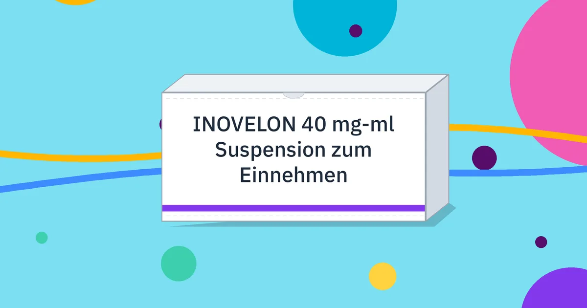 Symbolbild: Packung mit der Aufschrift INOVELON 40 mg-ml Suspension zum Einnehmen (PZN 19059378) – Verfügbarkeit und Bezug in Apotheken in Frankfurt am Main