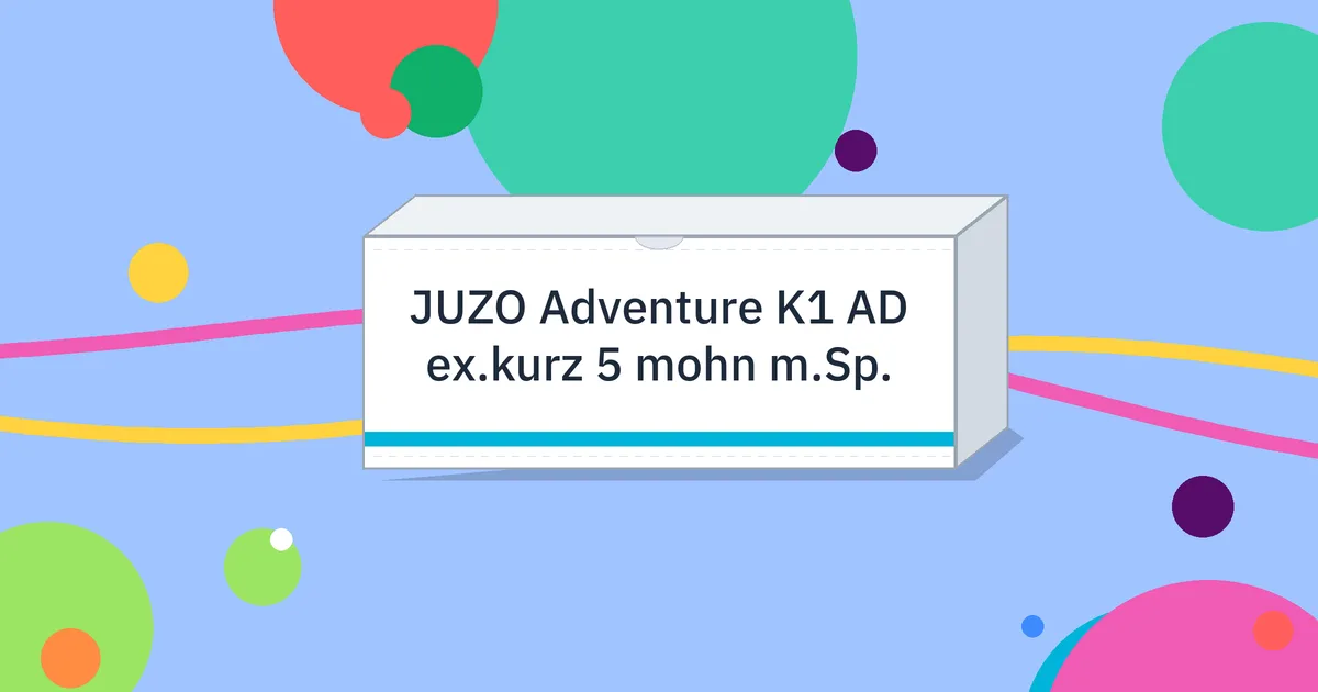 Symbolbild: Packung mit der Aufschrift JUZO Adventure K1 AD ex.kurz 5 mohn m.Sp. (PZN 14978152) – Verfügbarkeit und Bezug in Apotheken in Frankfurt am Main