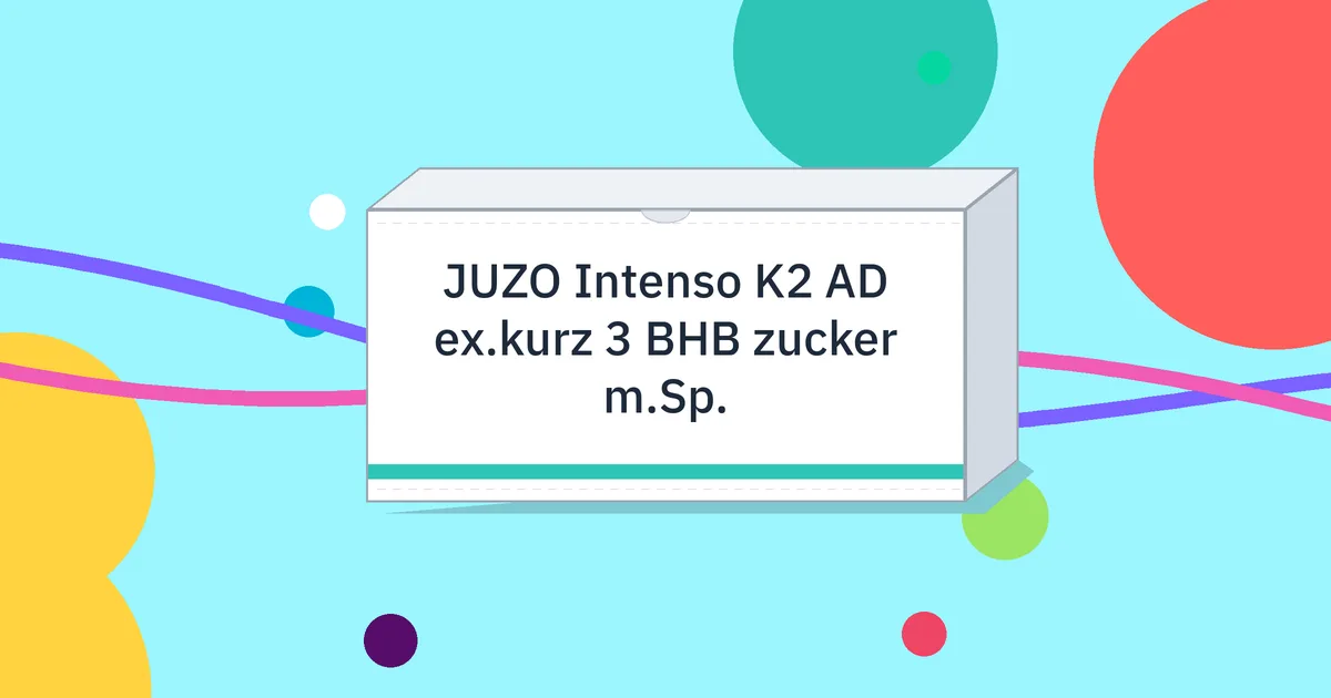 Symbolbild: Packung mit der Aufschrift JUZO Intenso K2 AD ex.kurz 3 BHB zucker m.Sp. (PZN 18614843) – Verfügbarkeit und Bezug in Apotheken in Frankfurt am Main