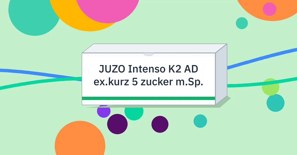 Symbolbild: Packung mit der Aufschrift JUZO Intenso K2 AD ex.kurz 5 zucker m.Sp. (PZN 18607814) – Verfügbarkeit und Bezug in Apotheken in Frankfurt am Main