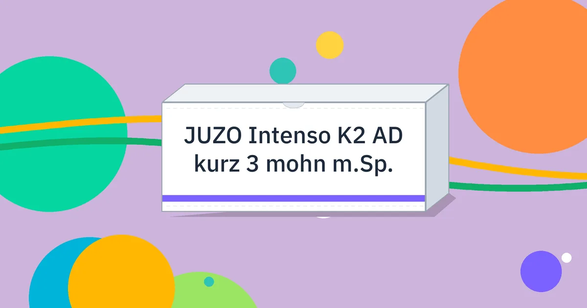 Symbolbild: Packung mit der Aufschrift JUZO Intenso K2 AD kurz 3 mohn m.Sp. (PZN 18607665) – Verfügbarkeit und Bezug in Apotheken in Frankfurt am Main