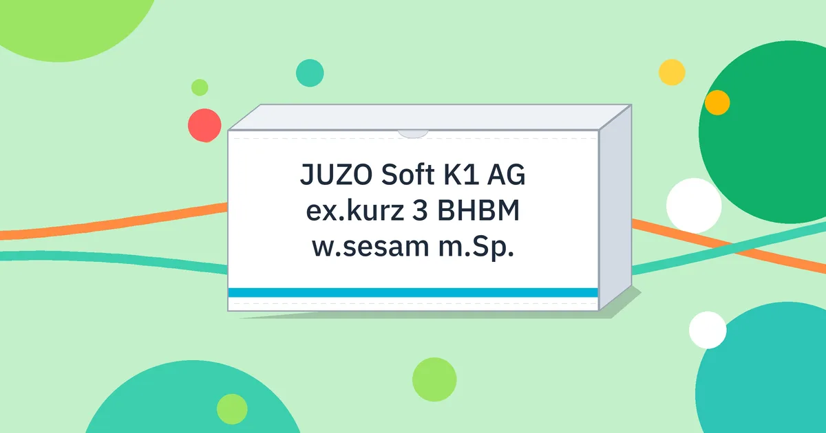 Symbolbild: Packung mit der Aufschrift JUZO Soft K1 AG ex.kurz 3 BHBM w.sesam m.Sp. (PZN 14864158) – Verfügbarkeit und Bezug in Apotheken in Frankfurt am Main