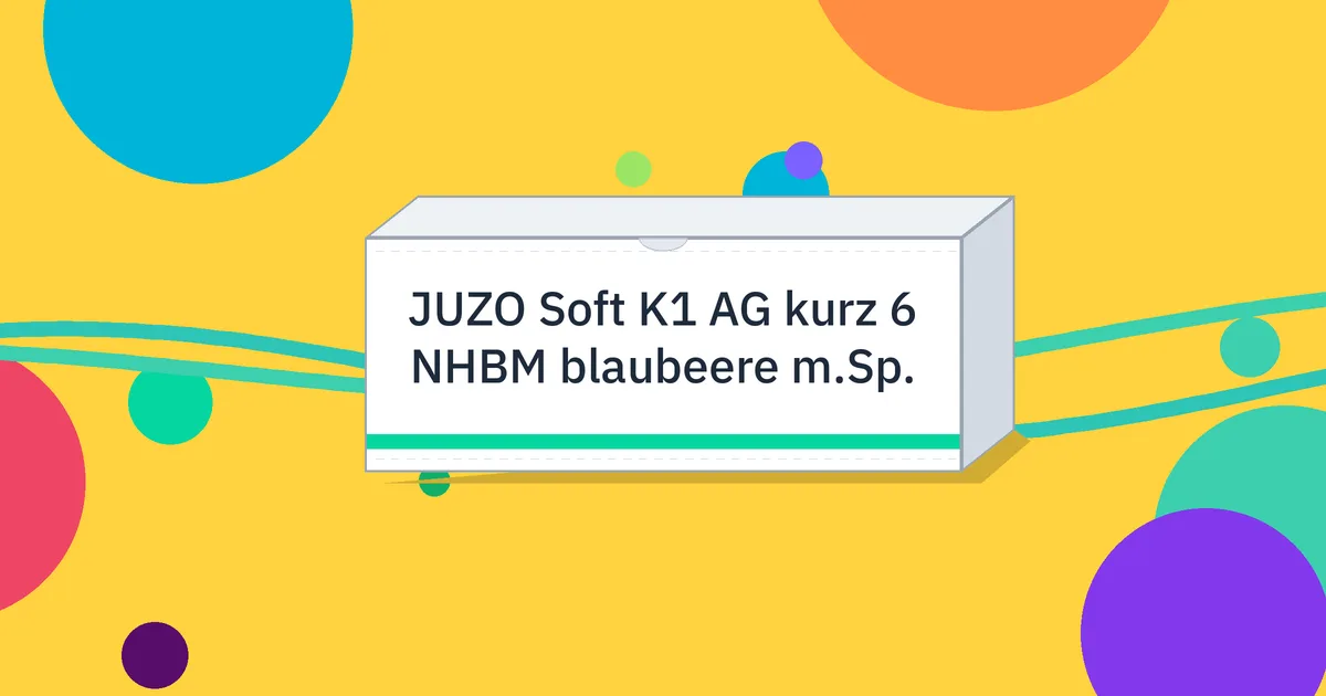 Symbolbild: Packung mit der Aufschrift JUZO Soft K1 AG kurz 6 NHBM blaubeere m.Sp. (PZN 15016596) – Verfügbarkeit und Bezug in Apotheken in Frankfurt am Main