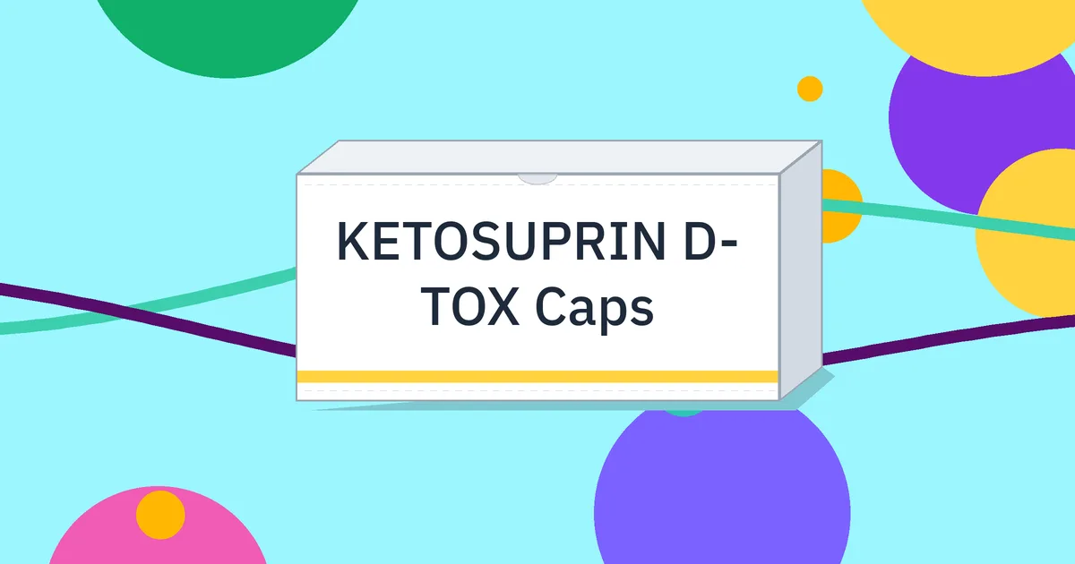 Symbolbild: Packung mit der Aufschrift KETOSUPRIN D-TOX Caps (PZN 19631200) – Verfügbarkeit und Bezug in Apotheken in Frankfurt am Main