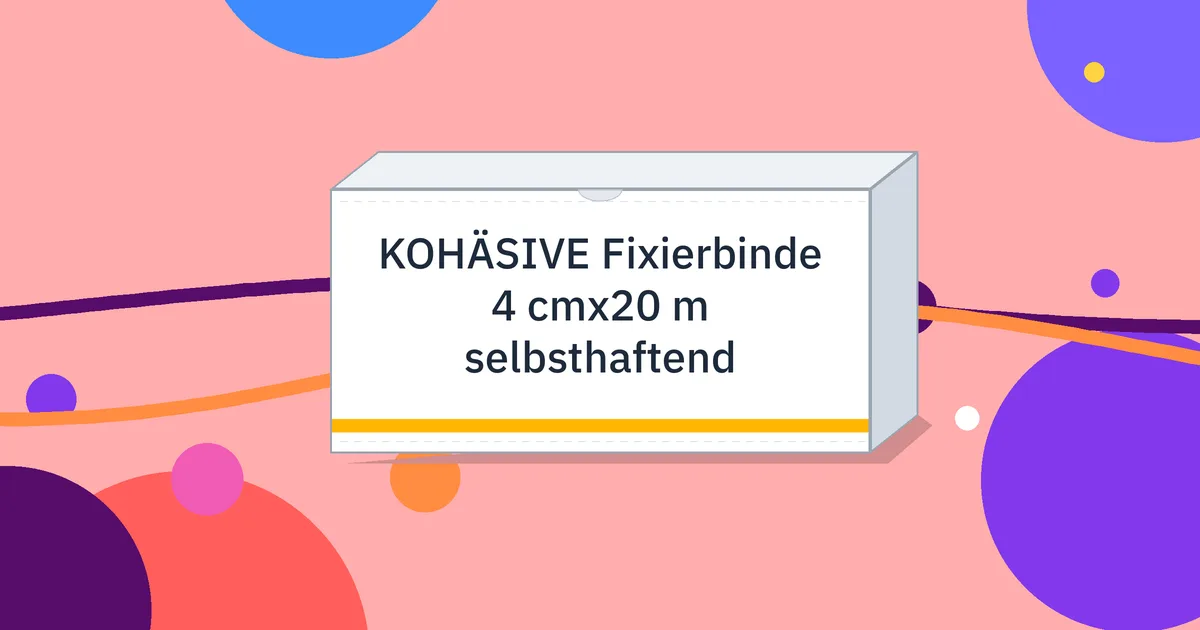 Symbolbild: Packung mit der Aufschrift KOHÄSIVE Fixierbinde 4 cmx20 m selbsthaftend (PZN 17542627) – Verfügbarkeit und Bezug in Apotheken in Frankfurt am Main