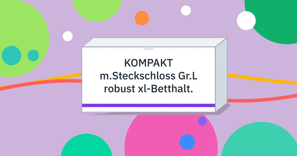Symbolbild: Packung mit der Aufschrift KOMPAKT m.Steckschloss Gr.L robust xl-Betthalt. (PZN 11569051) – Verfügbarkeit und Bezug in Apotheken in Frankfurt am Main