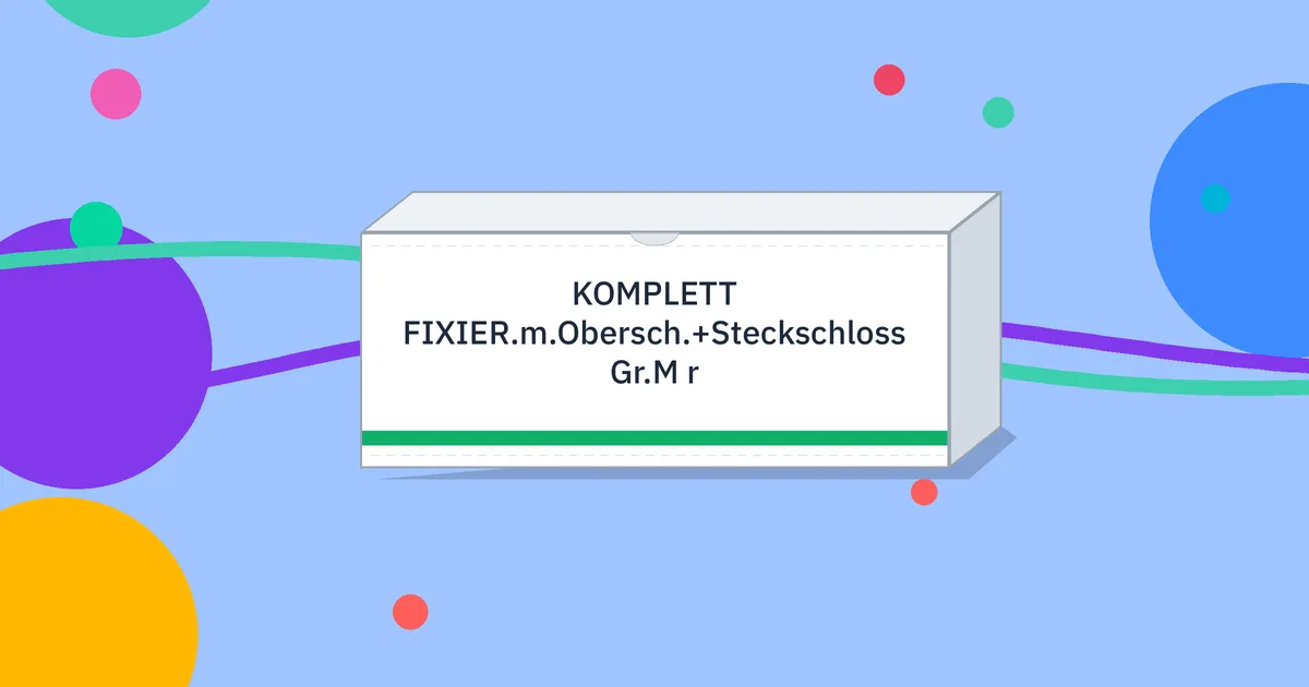 Symbolbild: Packung mit der Aufschrift KOMPLETT FIXIER.m.Obersch.+Steckschloss Gr.M r (PZN 11574135) – Verfügbarkeit und Bezug in Apotheken in Frankfurt am Main