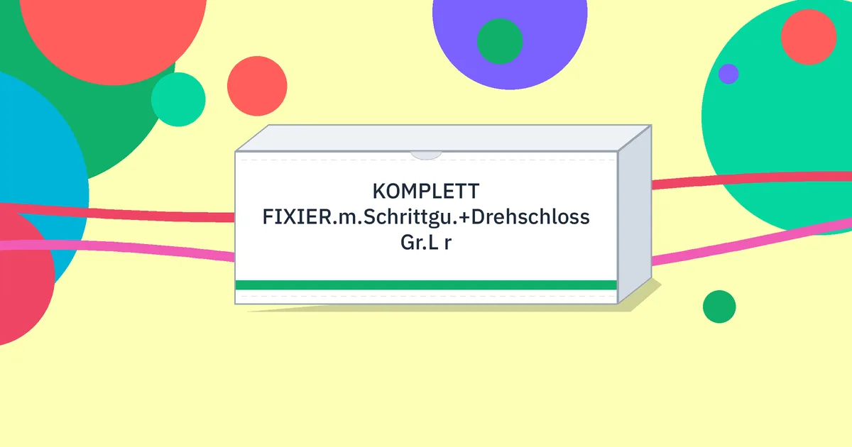 Symbolbild: Packung mit der Aufschrift KOMPLETT FIXIER.m.Schrittgu.+Drehschloss Gr.L r (PZN 11573288) – Verfügbarkeit und Bezug in Apotheken in Frankfurt am Main