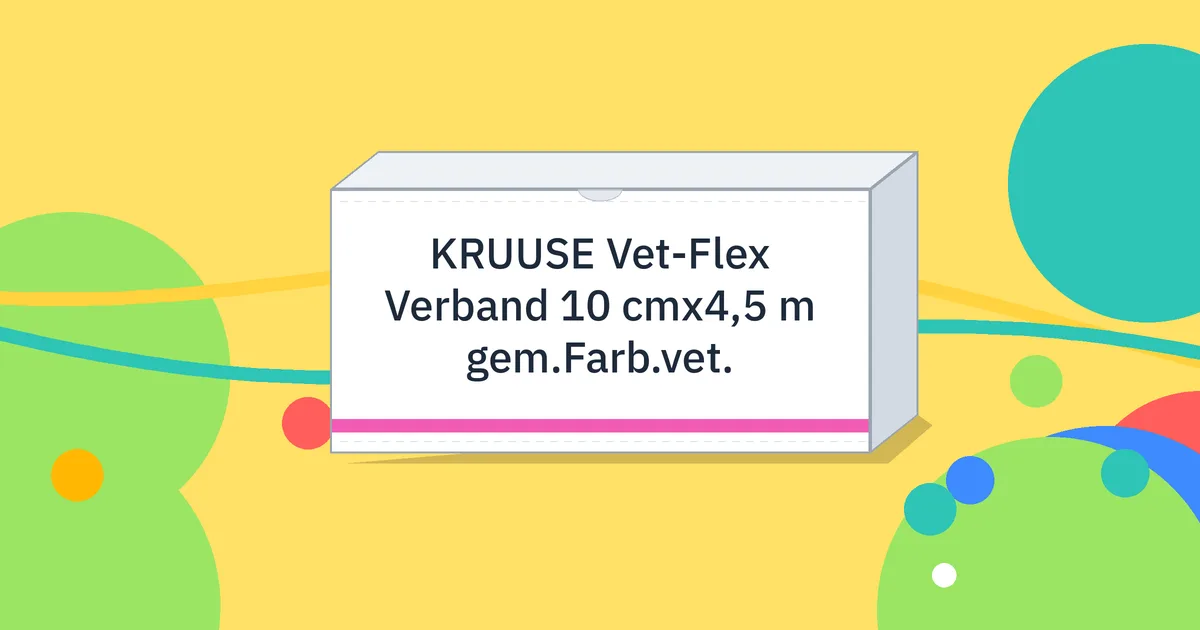 Symbolbild: Packung mit der Aufschrift KRUUSE Vet-Flex Verband 10 cmx4,5 m gem.Farb.vet. (PZN 18443465) – Verfügbarkeit und Bezug in Apotheken in Frankfurt am Main