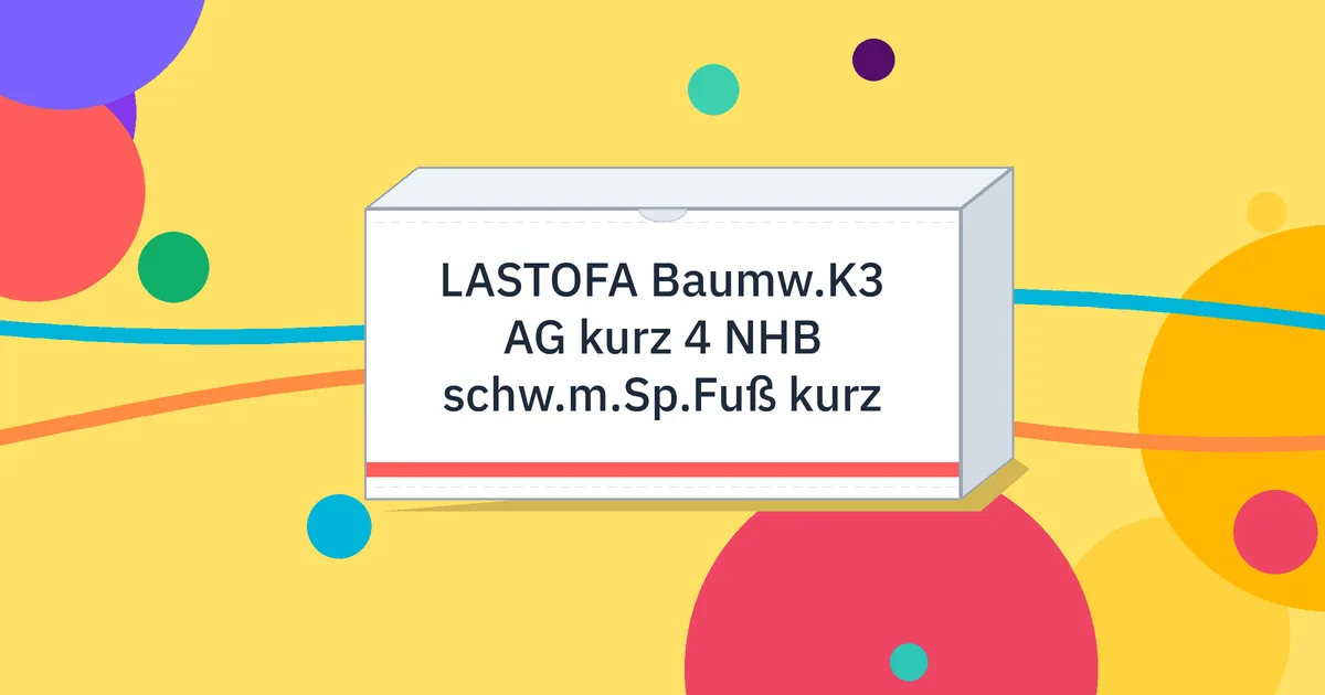 Symbolbild: Packung mit der Aufschrift LASTOFA Baumw.K3 AG kurz 4 NHB schw.m.Sp.Fuß kurz (PZN 01955698) – Verfügbarkeit und Bezug in Apotheken in Frankfurt am Main