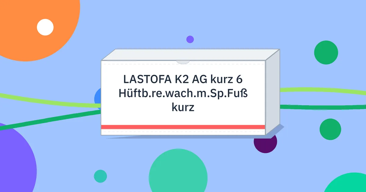 Symbolbild: Packung mit der Aufschrift LASTOFA K2 AG kurz 6 Hüftb.re.wach.m.Sp.Fuß kurz (PZN 13812320) – Verfügbarkeit und Bezug in Apotheken in Frankfurt am Main