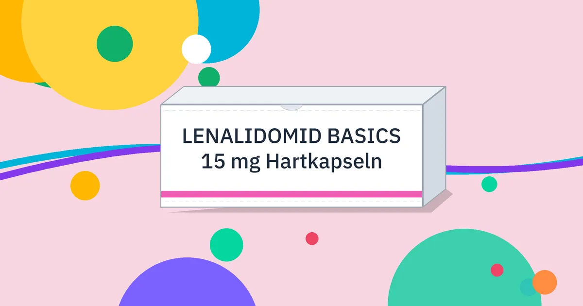Symbolbild: Packung mit der Aufschrift LENALIDOMID BASICS 15 mg Hartkapseln (PZN 17816674) – Verfügbarkeit und Bezug in Apotheken in Frankfurt am Main