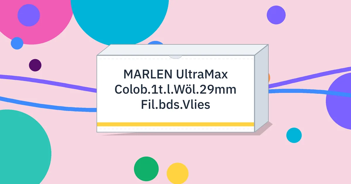 Symbolbild: Packung mit der Aufschrift MARLEN UltraMax Colob.1t.l.Wöl.29mm Fil.bds.Vlies (PZN 05354518) – Verfügbarkeit und Bezug in Apotheken in Frankfurt am Main