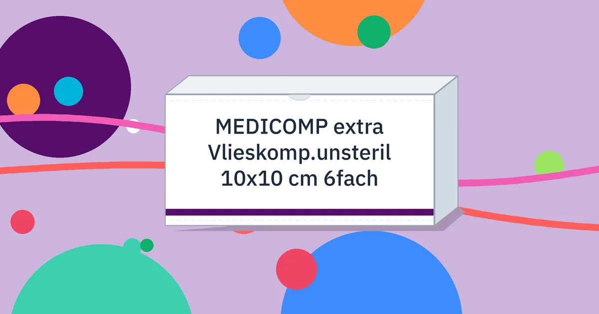 Symbolbild: Packung mit der Aufschrift MEDICOMP extra Vlieskomp.unsteril 10x10 cm 6fach (PZN 19845875) – Verfügbarkeit und Bezug in Apotheken in Frankfurt am Main