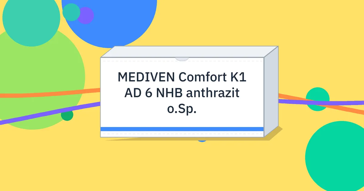 Symbolbild: Packung mit der Aufschrift MEDIVEN Comfort K1 AD 6 NHB anthrazit o.Sp. (PZN 14559900) – Verfügbarkeit und Bezug in Apotheken in Frankfurt am Main