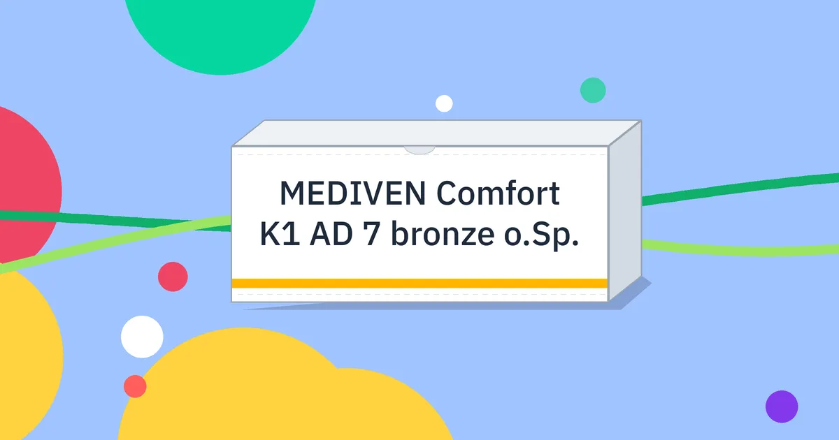 Symbolbild: Packung mit der Aufschrift MEDIVEN Comfort K1 AD 7 bronze o.Sp. (PZN 14559159) – Verfügbarkeit und Bezug in Apotheken in Frankfurt am Main