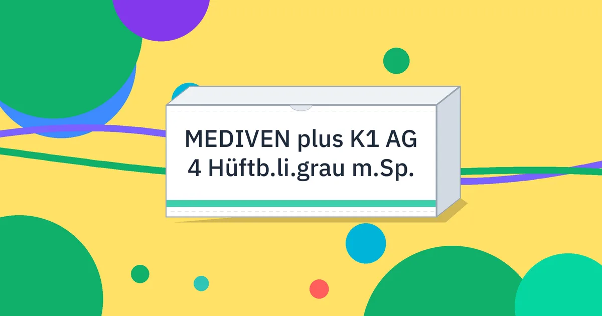Symbolbild: Packung mit der Aufschrift MEDIVEN plus K1 AG 4 Hüftb.li.grau m.Sp. (PZN 18938451) – Verfügbarkeit und Bezug in Apotheken in Frankfurt am Main