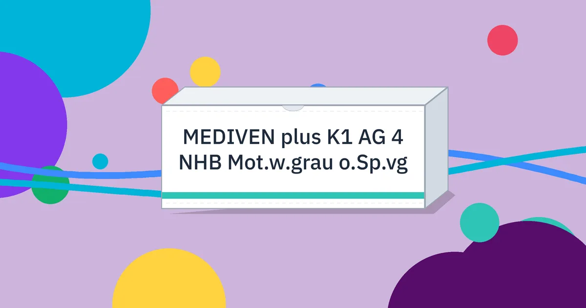 Symbolbild: Packung mit der Aufschrift MEDIVEN plus K1 AG 4 NHB Mot.w.grau o.Sp.vg (PZN 18941619) – Verfügbarkeit und Bezug in Apotheken in Frankfurt am Main