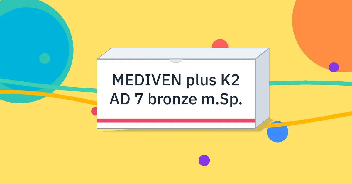 Symbolbild: Packung mit der Aufschrift MEDIVEN plus K2 AD 7 bronze m.Sp. (PZN 15093591) – Verfügbarkeit und Bezug in Apotheken in Frankfurt am Main