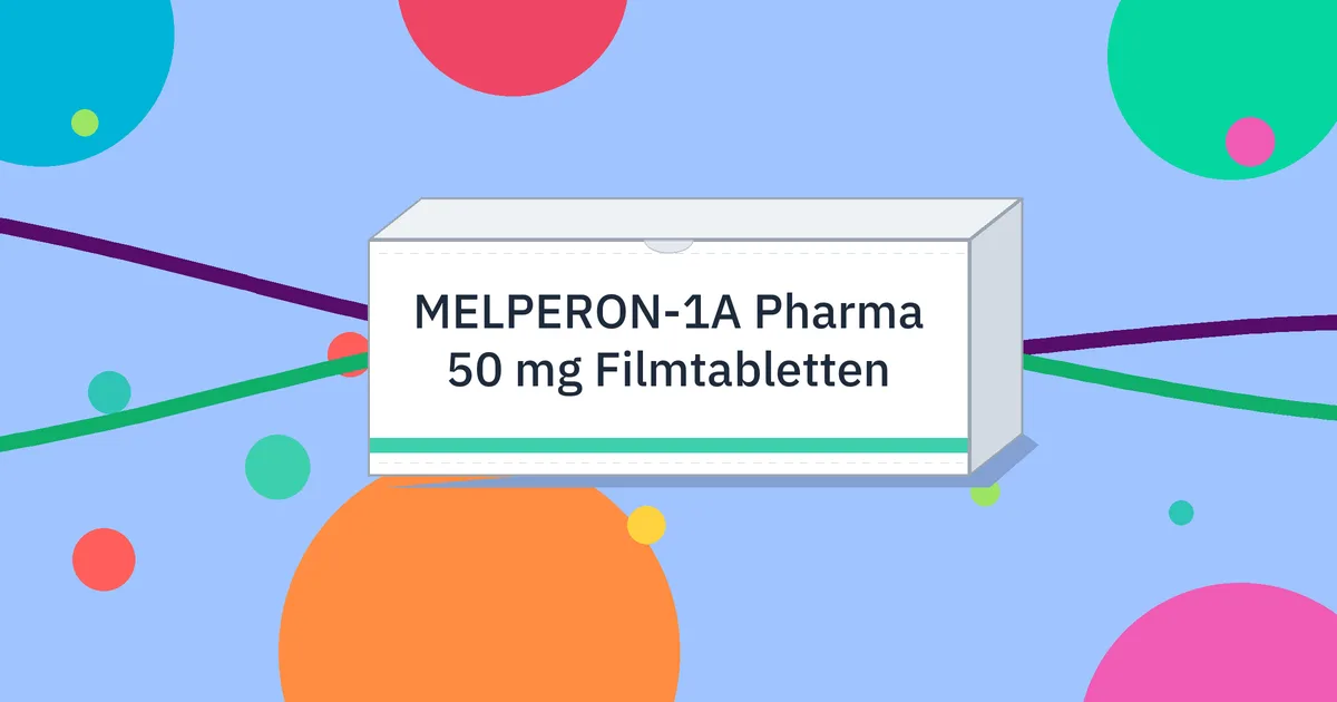 Symbolbild: Packung mit der Aufschrift MELPERON-1A Pharma 50 mg Filmtabletten (PZN 13857529) – Verfügbarkeit und Bezug in Apotheken in Frankfurt am Main