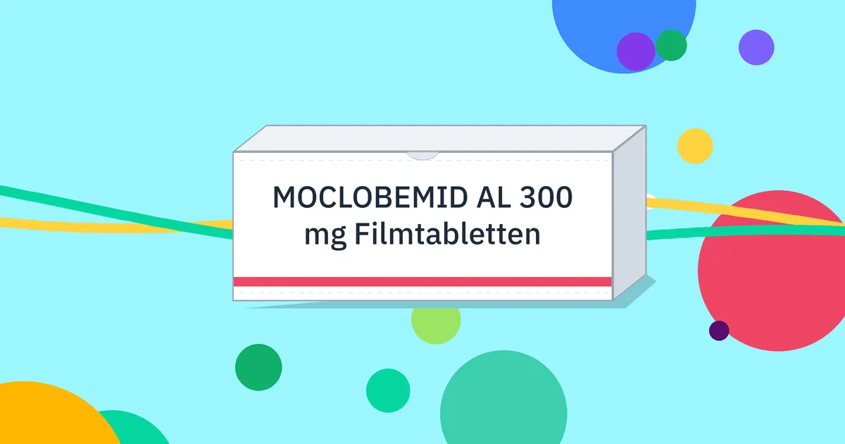 Symbolbild: Packung mit der Aufschrift MOCLOBEMID AL 300 mg Filmtabletten (PZN 01848318) – Verfügbarkeit und Bezug in Apotheken in Frankfurt am Main