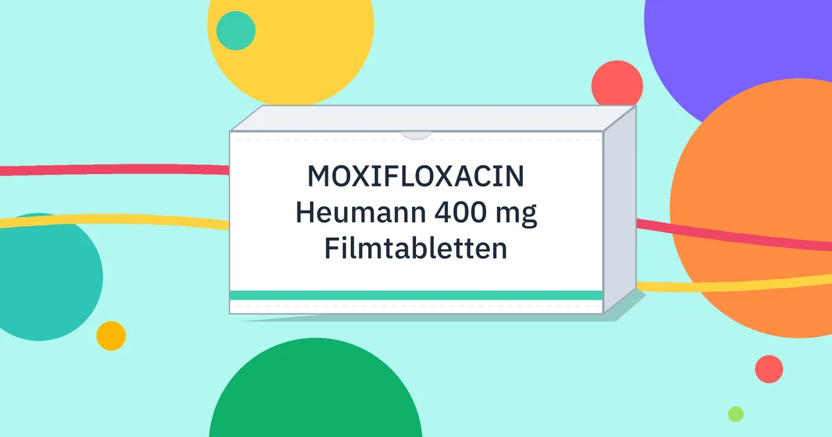 Symbolbild: Packung mit der Aufschrift MOXIFLOXACIN Heumann 400 mg Filmtabletten (PZN 10419527) – Verfügbarkeit und Bezug in Apotheken in Frankfurt am Main