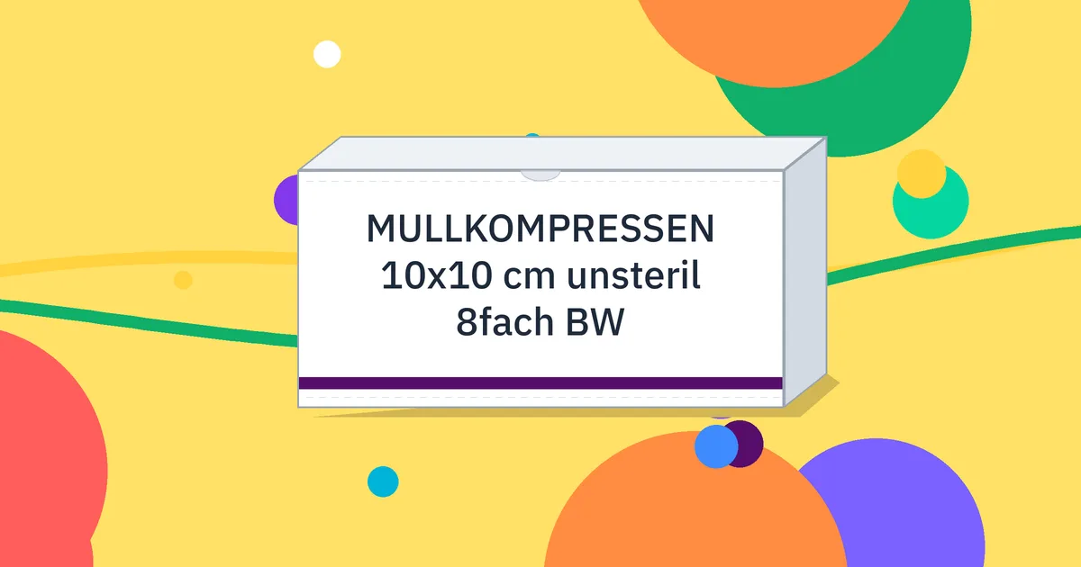Symbolbild: Packung mit der Aufschrift MULLKOMPRESSEN 10x10 cm unsteril 8fach BW (PZN 07118408) – Verfügbarkeit und Bezug in Apotheken in Frankfurt am Main