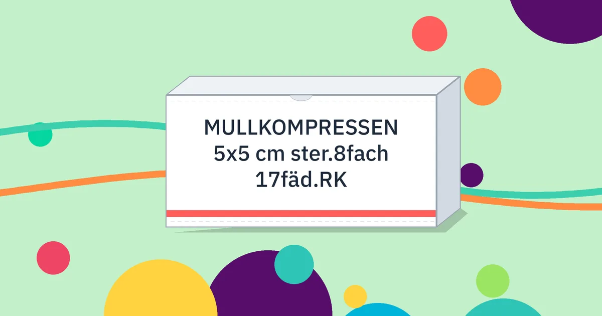 Symbolbild: Packung mit der Aufschrift MULLKOMPRESSEN 5x5 cm ster.8fach 17fäd.RK (PZN 06929139) – Verfügbarkeit und Bezug in Apotheken in Frankfurt am Main